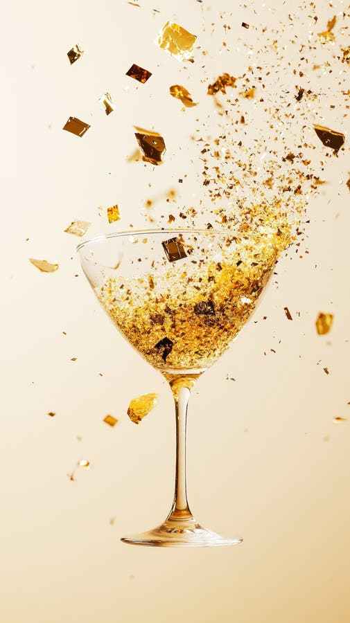 Gold Glittering Confetti Exploding from Champagne Glass on Light ...