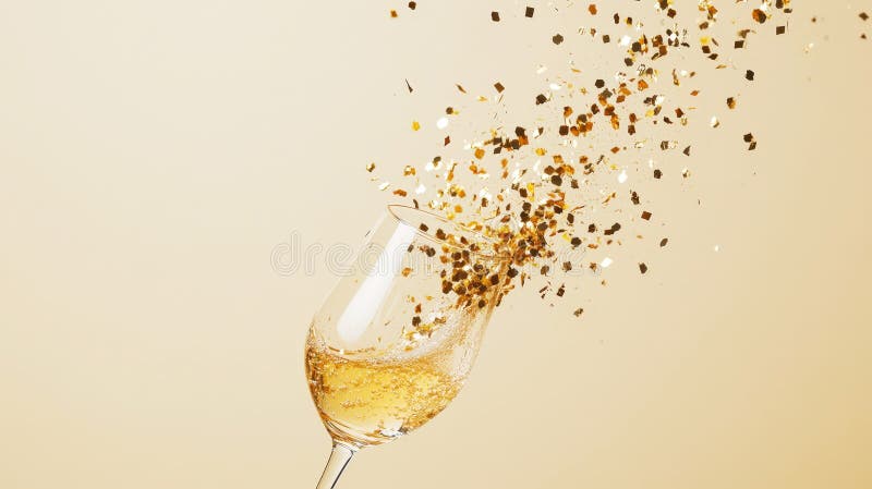 Gold Glittering Confetti Exploding from Champagne Glass on Light ...