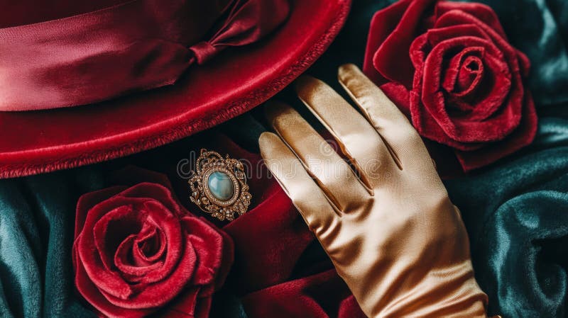 Gold Gloves and Red Velvet Hat with Roses Stock Photo - Image of dark ...