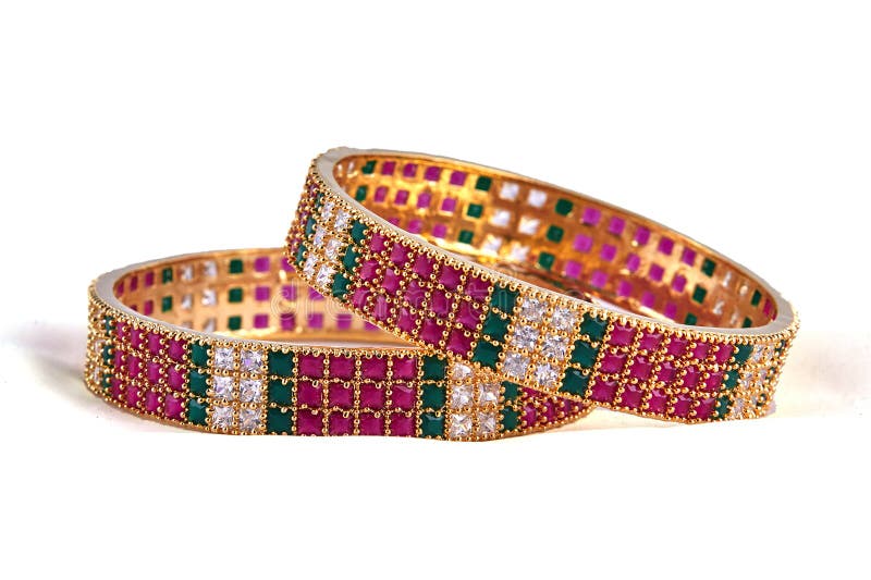 Gold Grid Bangles with Ruby, Emerald & CZ Accents Stock Image - Image of bangles, gold: 391976259