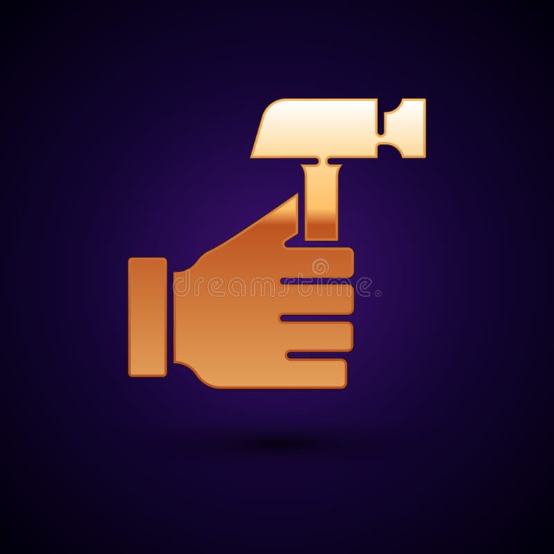 Gold Hammer Icon Isolated on Black Background. Tool for Repair. Long ...