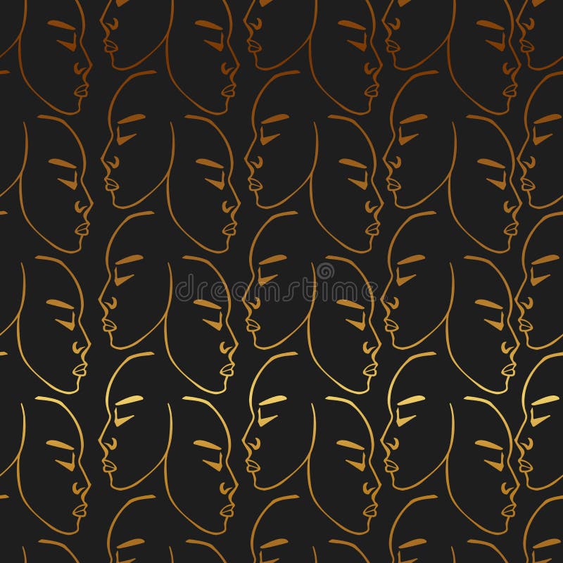 Gold Hand Drawn Faces Pattern on Black Background Stock Vector ...