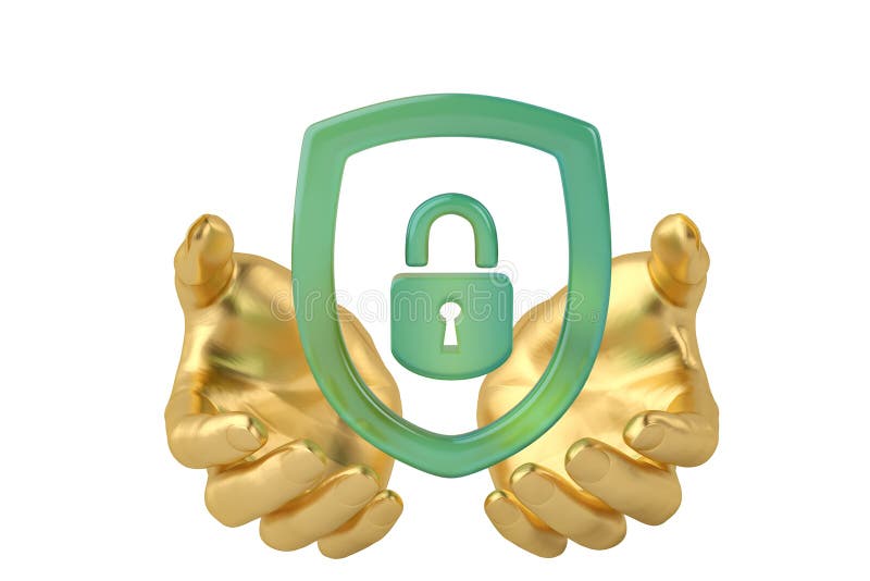 Gold Hand and Shield with Lock Icon,3D Illustration. Stock Illustration ...