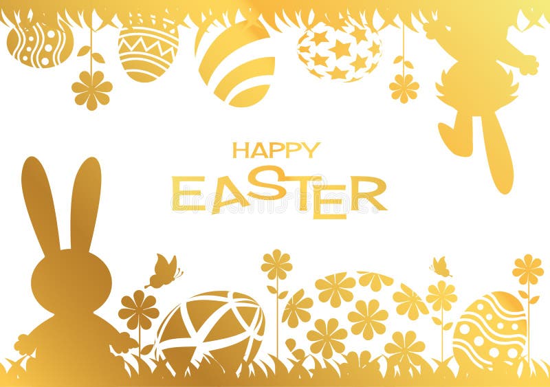 Gold Happy Easter Greeting Card with Rabbit, Bunny and Eggs Stock ...