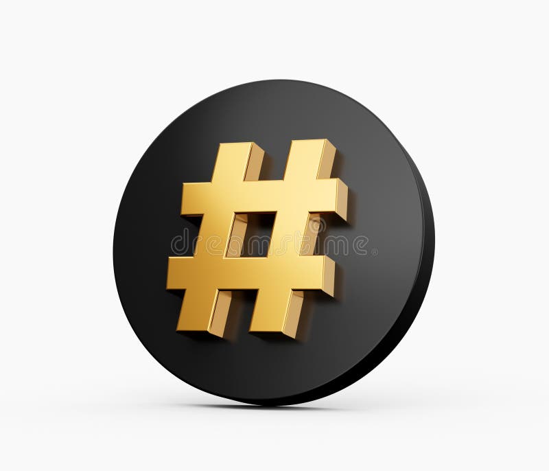 Gold Hashtag Sign with Black Circle on White Background, 3D ...