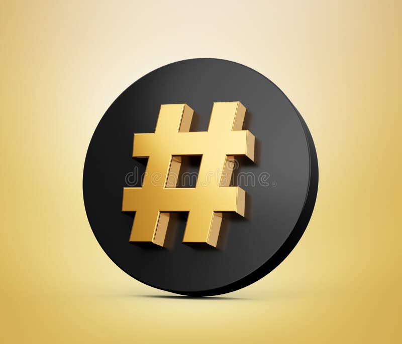 Gold Hashtag Sign with Black Circle on White Background, 3D ...