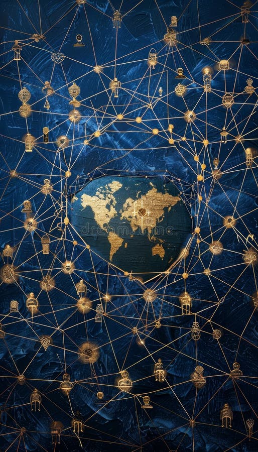 Gold Heart with Dark Blue World Map Surrounded by Interconnected Human ...