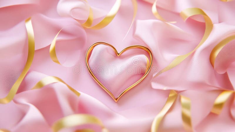 Gold Heart Frame on Pink Silk with Ribbons Stock Illustration ...
