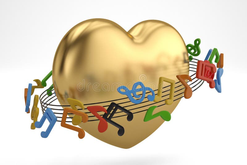 Gold Heart and Music Notes.3D Illustration. Stock Illustration ...