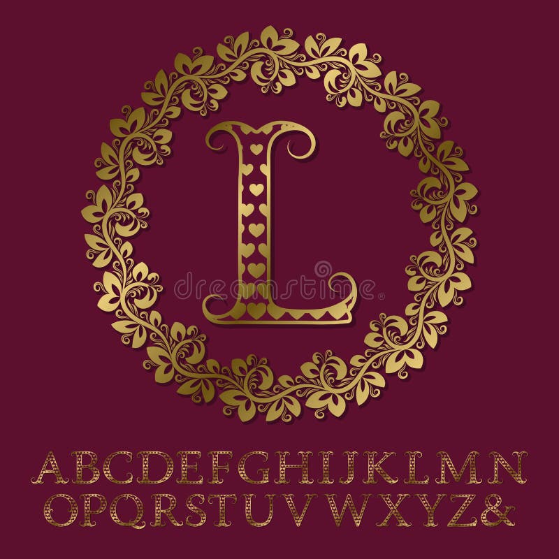 Gold Hearts Patterned Letters with Initial Monogram. Stylish Romantic ...