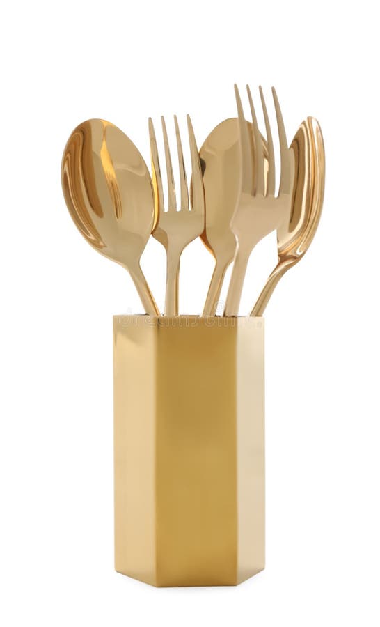 Gold Holder with Cutlery Isolated on White Stock Photo - Image of chore ...