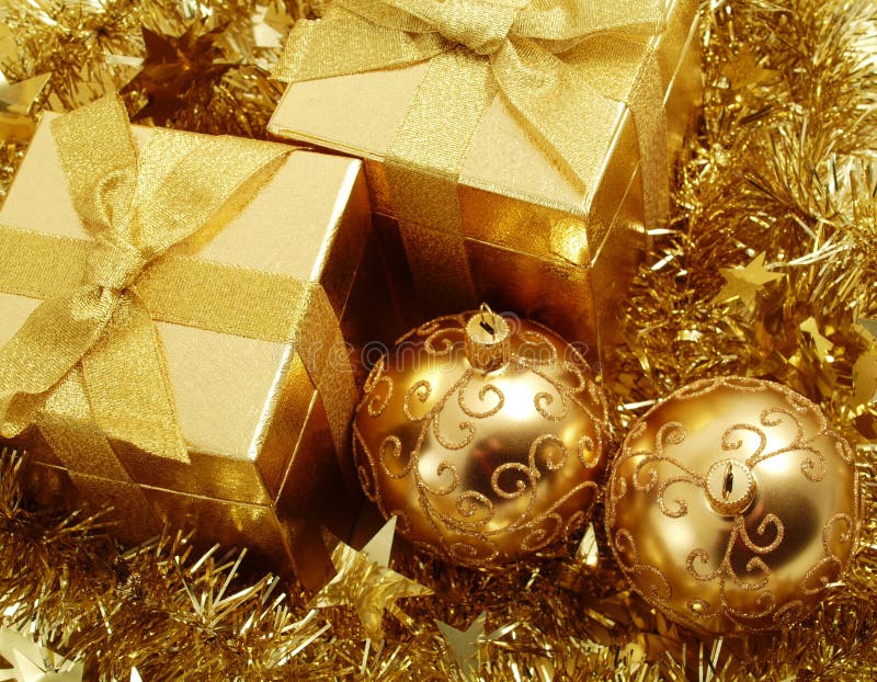 Gold Holiday Gifts and Decoration Stock Photo - Image of festive, gifts ...