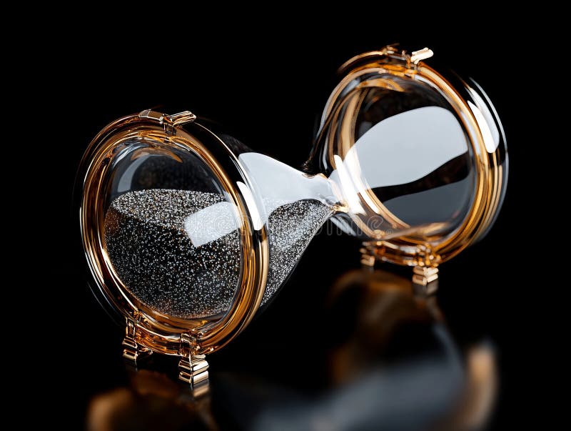 A Gold Hourglass with Sand Running through it on a Black Surface Stock ...