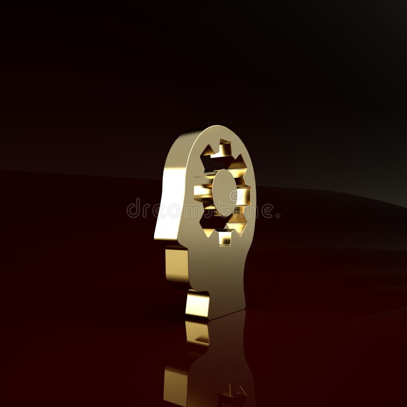 Gold Human Head with Gear Inside Icon Isolated on Brown Background ...