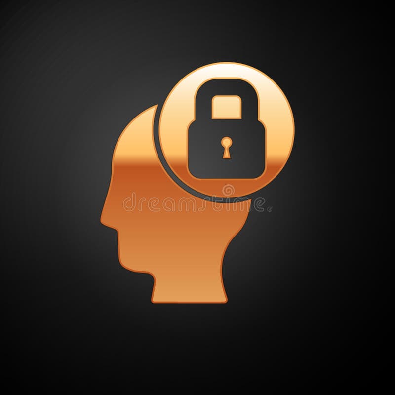 Gold Human Head with Lock Icon Isolated on Black Background. Vector ...