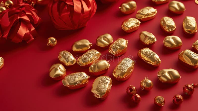 Gold Ingots and Red Decorations on Red Background Stock Illustration ...