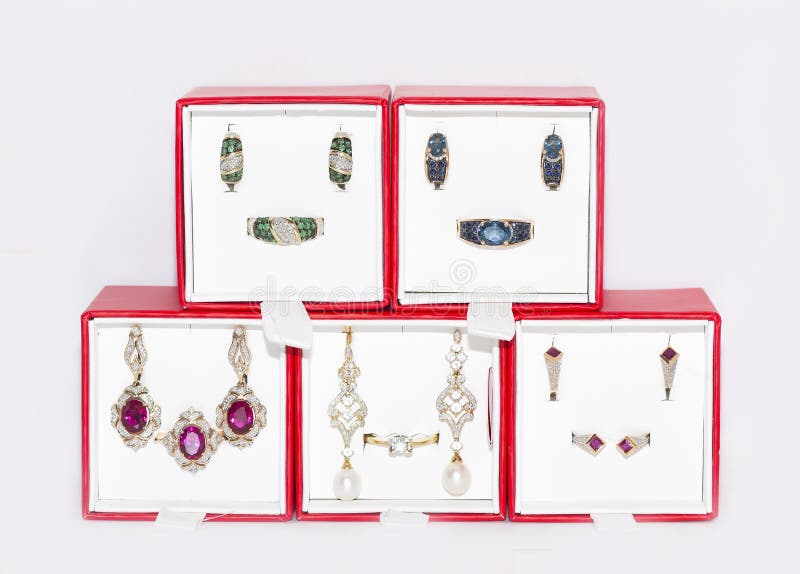 Gold Jewelry with Precious Stones in Boxes Stock Image - Image of pearl ...