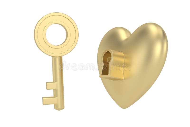 Gold Key and Heart Isolated on White Background, 3D Rendering. 3D ...