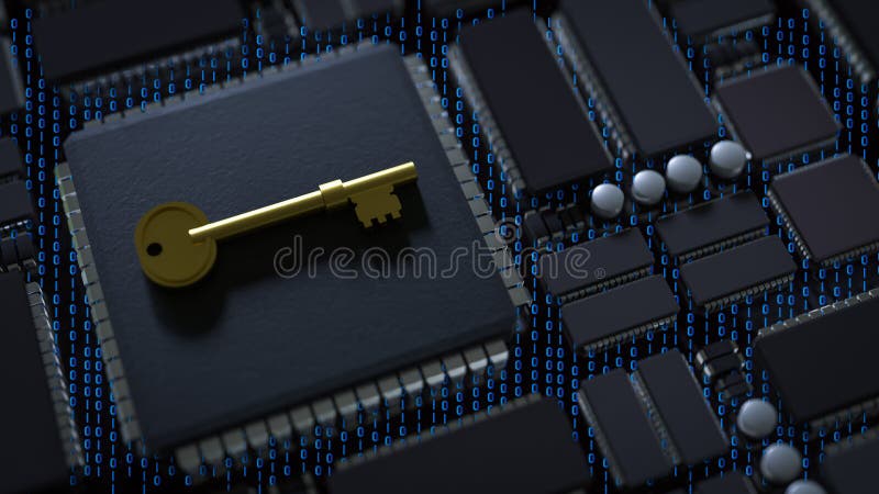The Gold Key on Mother Board for Security Technology Concept 3d ...