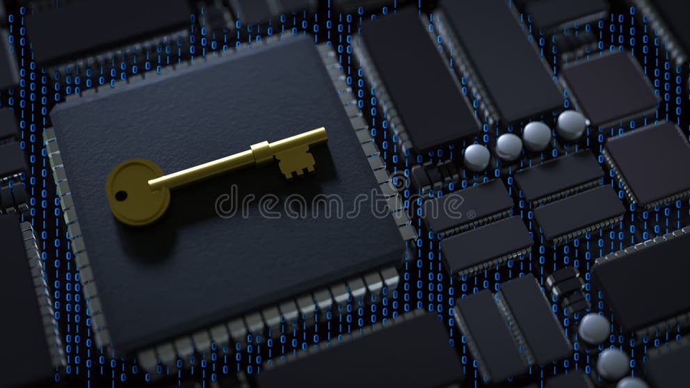 The Gold Key on Mother Board for Security Technology Concept 3d ...
