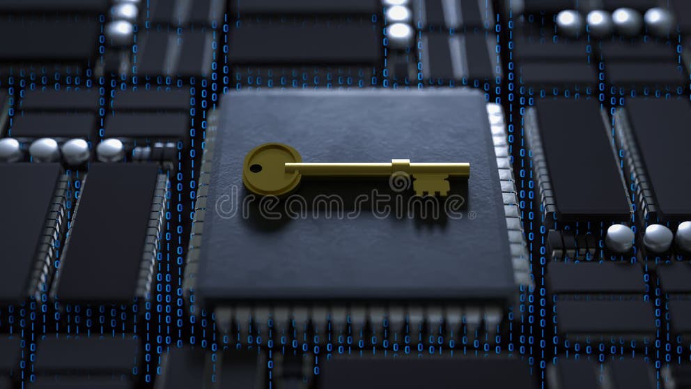 The Gold Key on Mother Board for Security Technology Concept 3d ...