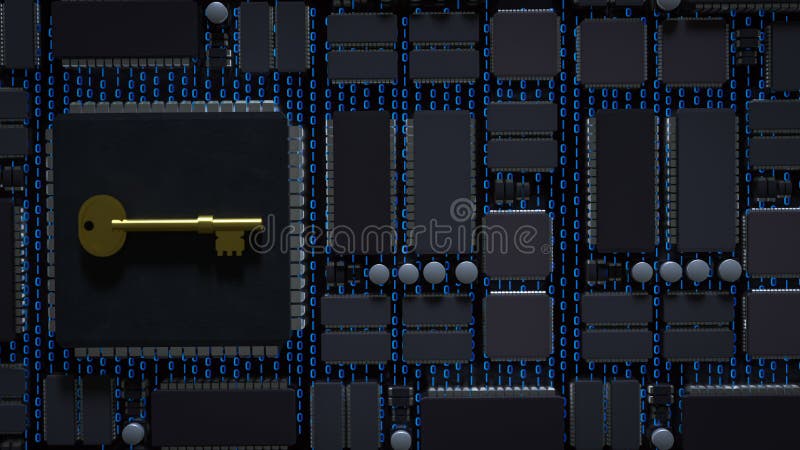 The Gold Key on Mother Board for Security Technology Concept 3d ...