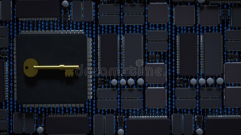 The Gold Key on Mother Board for Security Technology Concept 3d ...