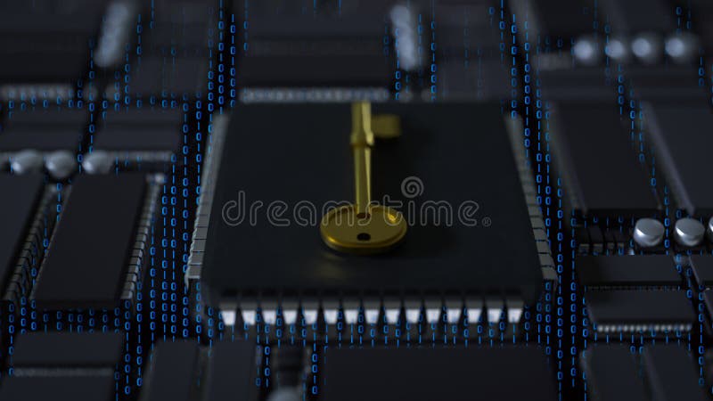 The Gold Key on Mother Board for Security Technology Concept 3d ...
