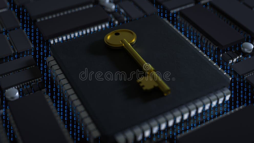 The Gold Key on Mother Board for Security Technology Concept 3d ...