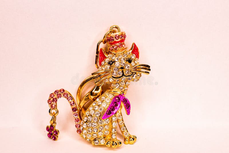 Gold Key Ring with Cubic Zirconia in the Shape of a Cat Stock Image ...