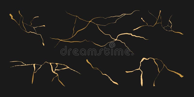 Gold Kintsugi. Crack Vector Isolated Elements on White Backdrop. Golden ...