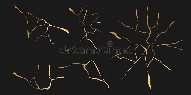 Gold Kintsugi. Crack Vector Isolated Elements on White Backdrop. Golden ...