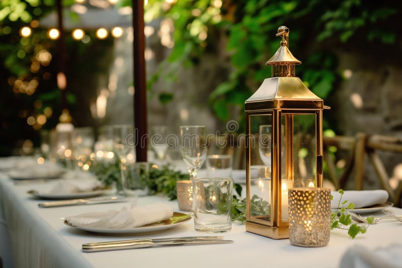 Gold Lantern Centerpiece with White Plates, Silverware on Stone Wall ...