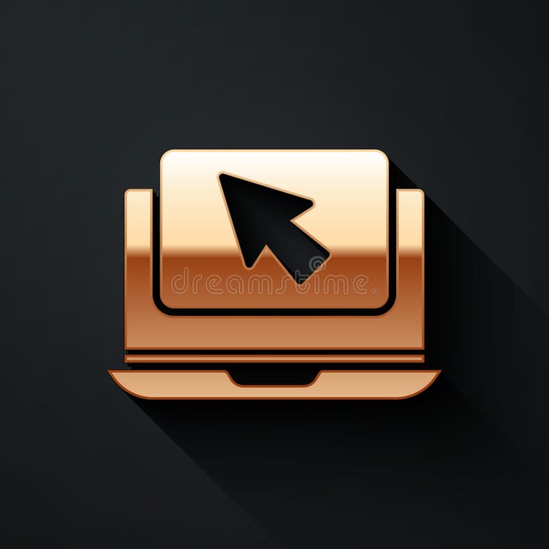 Gold Laptop and Cursor Icon Isolated on Black Background. Computer ...