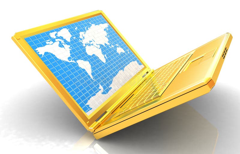 Gold Laptop with World Map on Screen Stock Illustration - Illustration ...