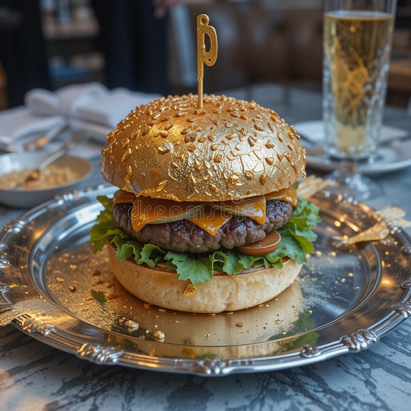 Gold-leaf-covered Burger Served on a Silver Platter Stock Illustration ...