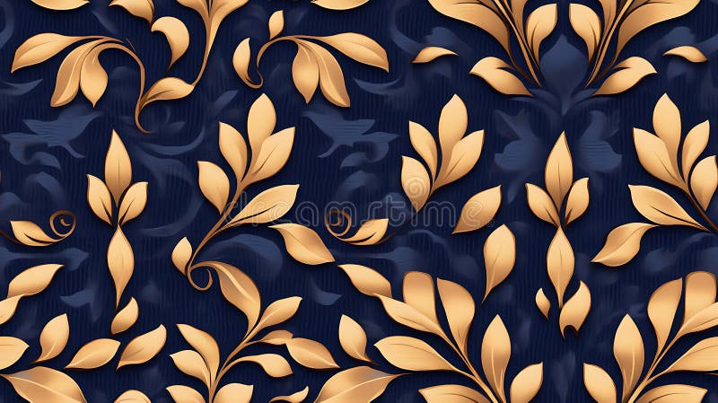 Gold Leaf Pattern on Dark Blue Background Elegant Seamless Texture ...