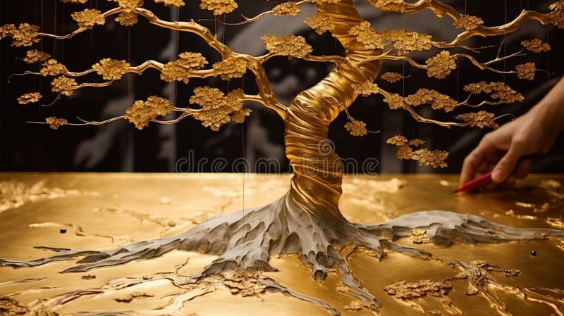 Gold Leaf Tree with Flowers Stock Illustration - Illustration of foil, tree: 291434671