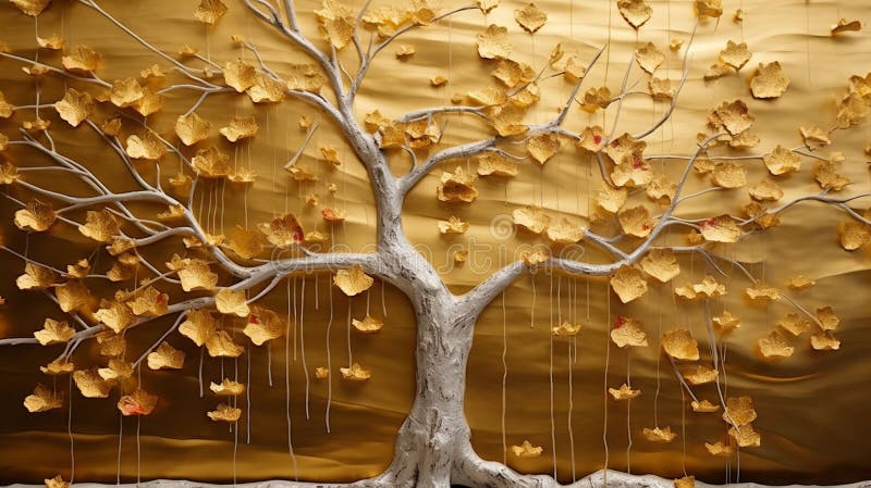 Gold Leaf Tree with Flowers Stock Illustration - Illustration of shiny, material: 291434678