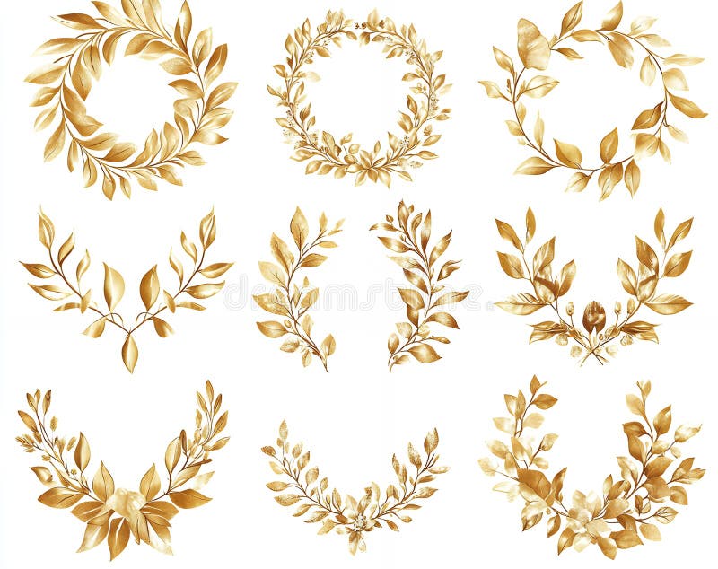 Gold Leaf Wreaths Branches Floral Frames Wedding Invitation Design ...