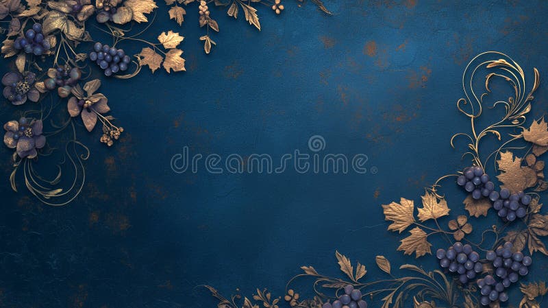 Gold Leaves and Grapes on Blue Background Stock Illustration ...