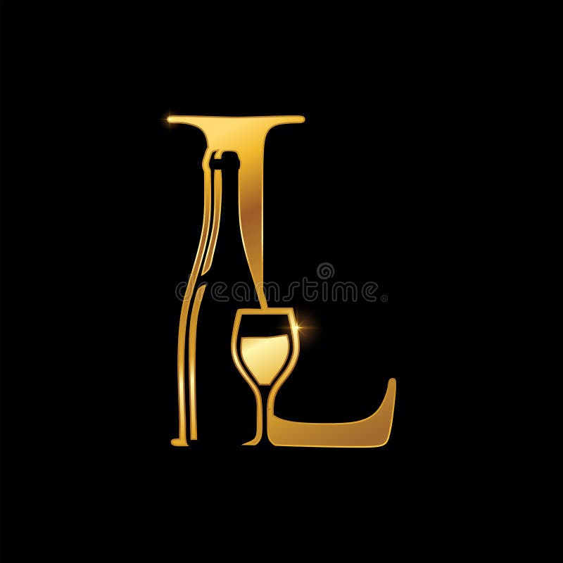 Gold Letter L with Wine Bottle and Glass Stock Vector - Illustration of ...