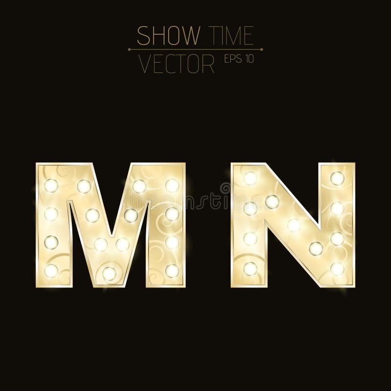 Gold Letters M And N With Sparkling Light Bulbs And A Pattern. Alphabet ...