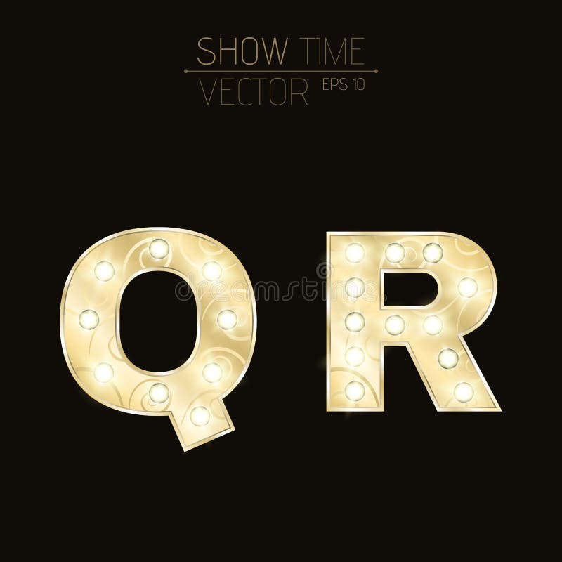 Gold Letters Q and R with Sparkling Light Bulbs and a Pattern. Alphabet ...