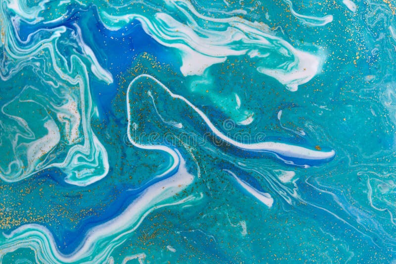 Gold and Light Blue Mixed Inks Spilled Background. Turquoise Texture ...