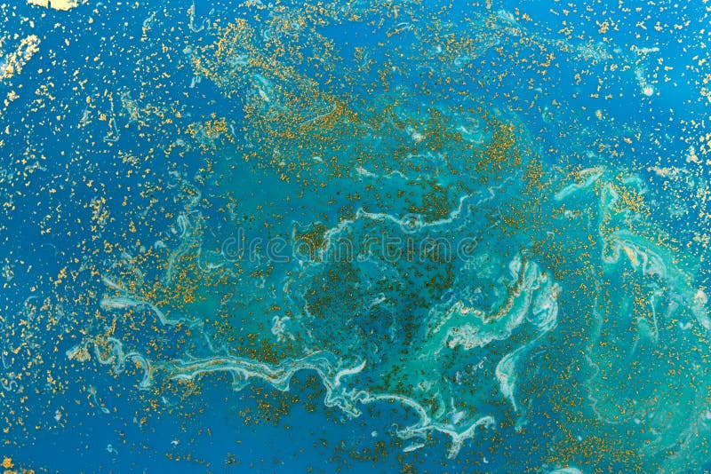 Gold and Light Blue Mixed Inks Spilled Background. Turquoise Texture ...