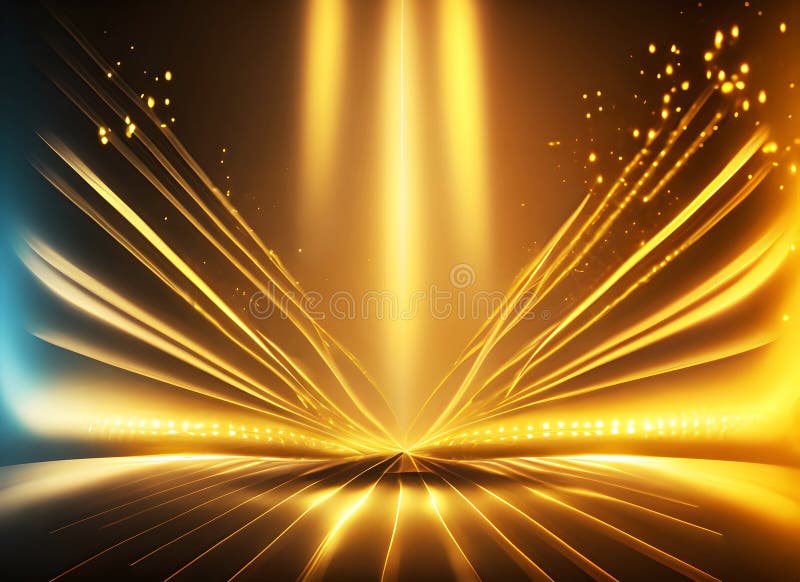 Gold Lights Rays Scene Background and Neon Wave Light on Digital Art ...