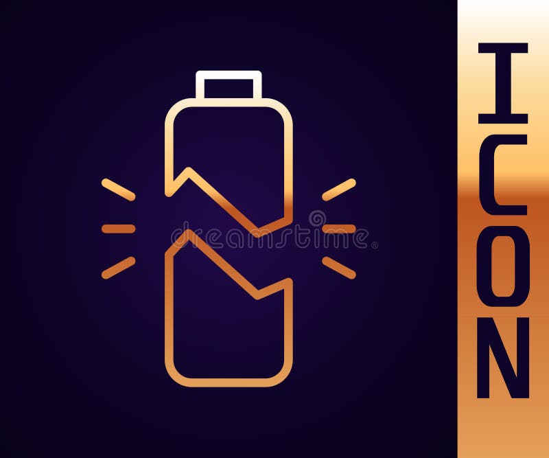 Gold Line Broken Battery Icon Isolated on Black Background. Vector ...