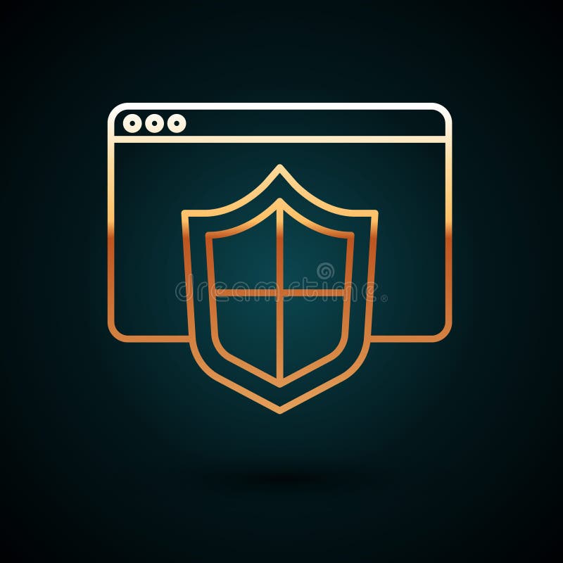 Gold Line Browser with Shield Icon Isolated on Dark Blue Background ...