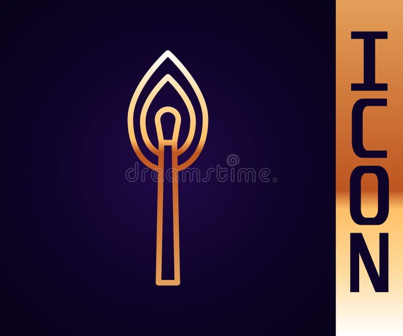 Gold Line Burning Match with Fire Icon Isolated on Black Background ...